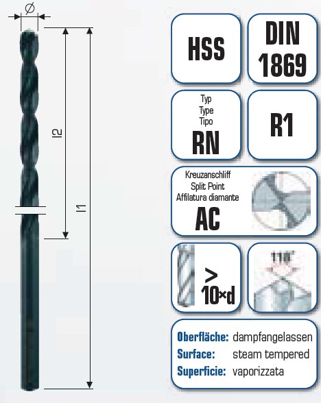 HSS Spiralbohrer überlang Industriequalität mit Kreuzanschliff AC 101 ...